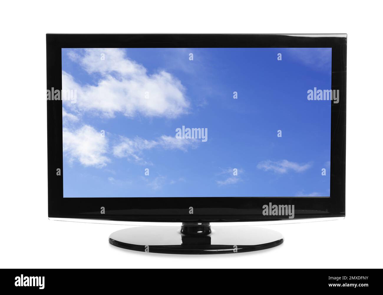 Modern plasma TV with skyscape on screen against white background Stock ...