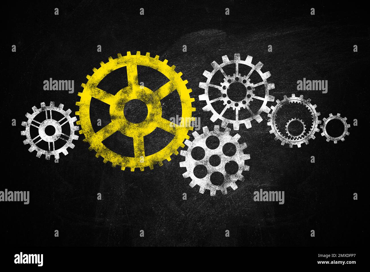 Drawing of gear mechanism on chalkboard. Illustration Stock Photo - Alamy