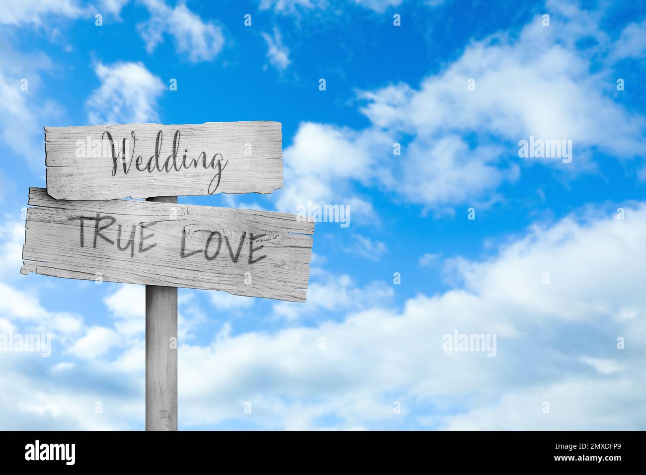 Wooden plaques with inscriptions Wedding and True Love against ...
