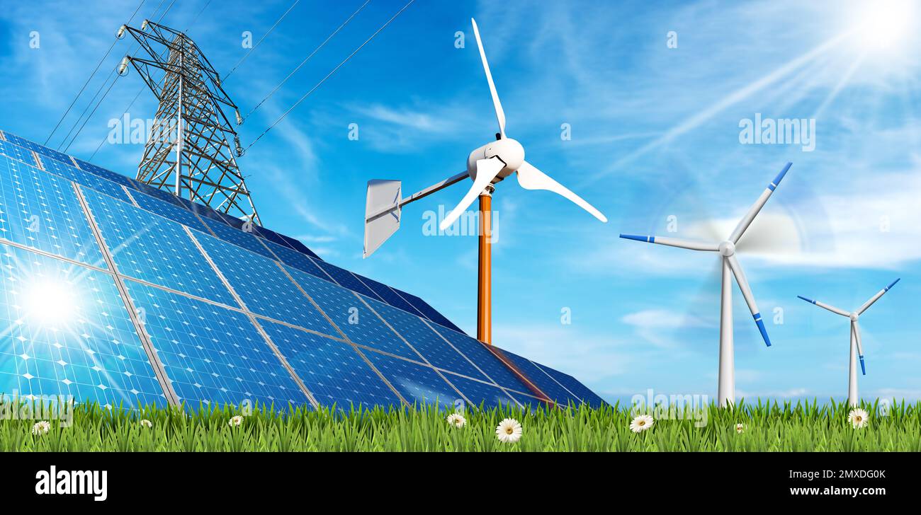 Solar panels, wind turbines and a high voltage tower on a green meadow ...