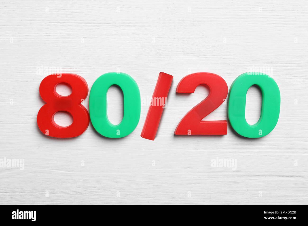 Colorful numbers 80 and 20 on white wooden background, flat lay. Pareto ...