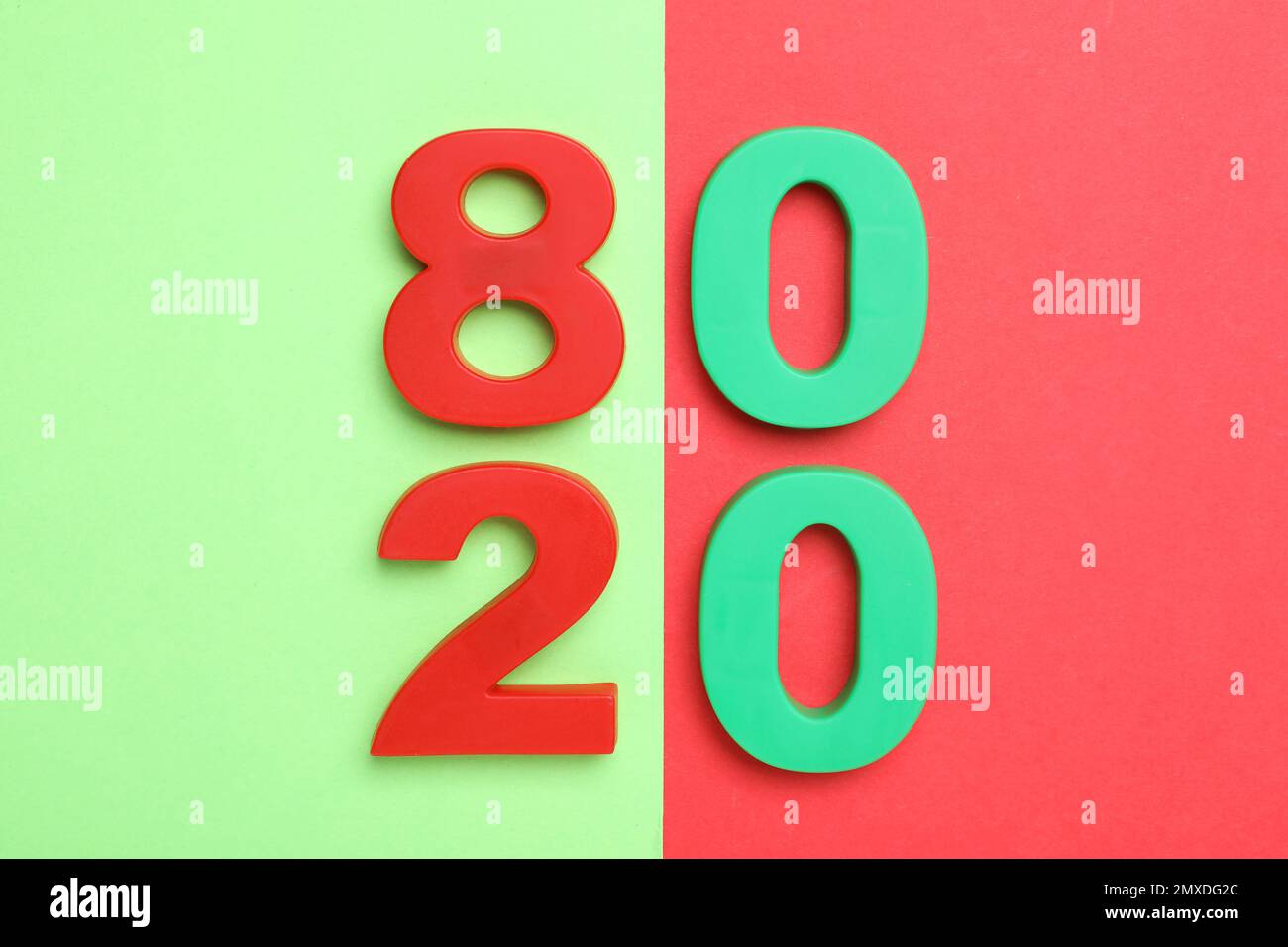 Numbers 80 and 20 on color background, flat lay. Pareto principle ...