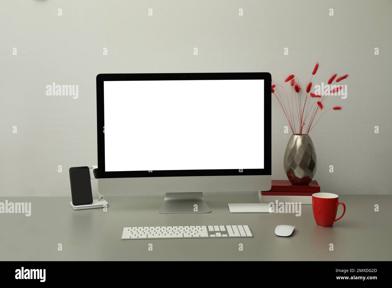 Modern workplace with computer and charging devices. Interior design ...