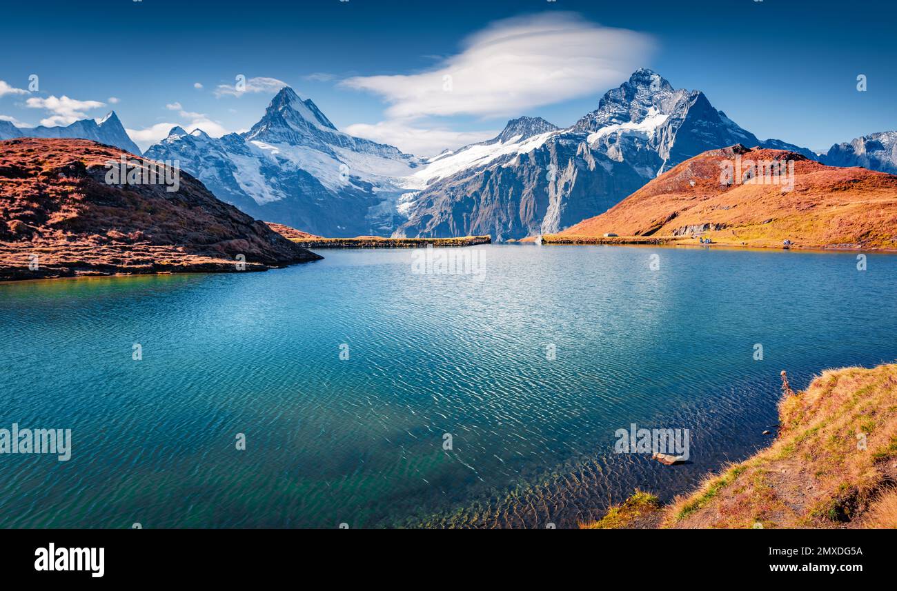 Beautiful autumn scenery. Amazing morning view of Bachalp lake ...