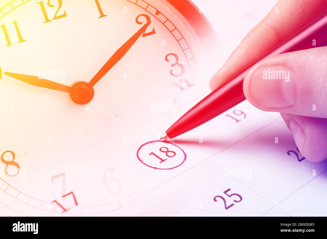 Collage with woman marking date in calendar and clock Stock Photo - Alamy