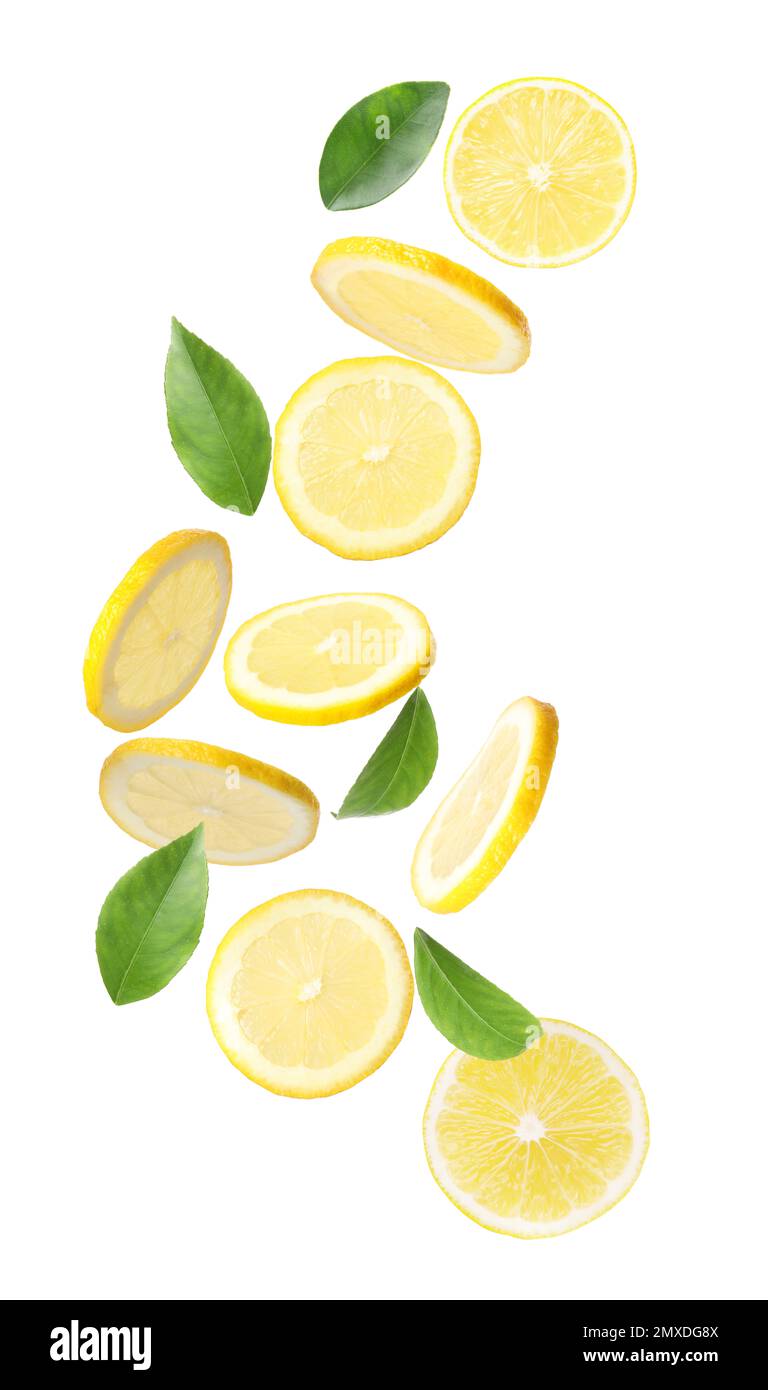 Set of falling delicious lemons on white background Stock Photo - Alamy