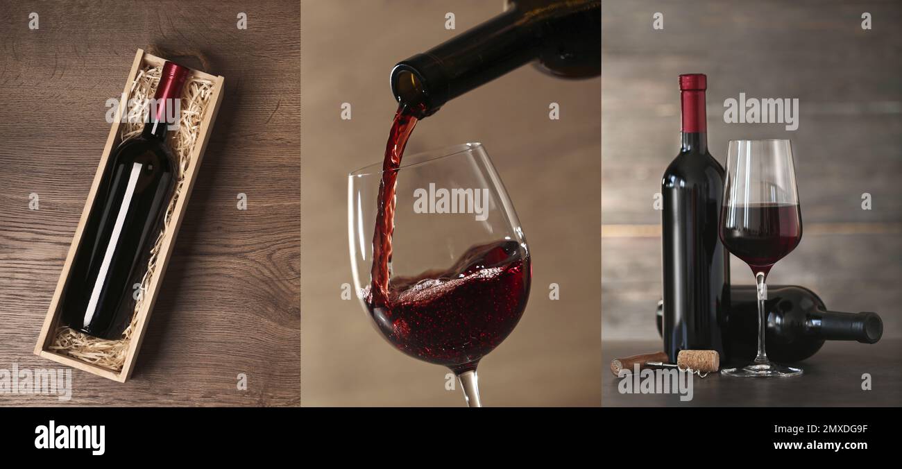 Set with glasses and bottles of red wine. Banner design Stock Photo - Alamy