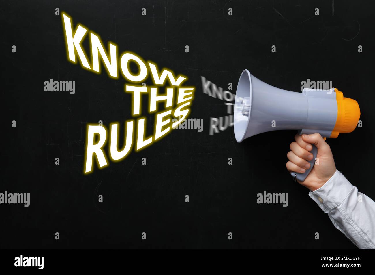 Man using megaphone to say Know the rules, closeup Stock Photo - Alamy
