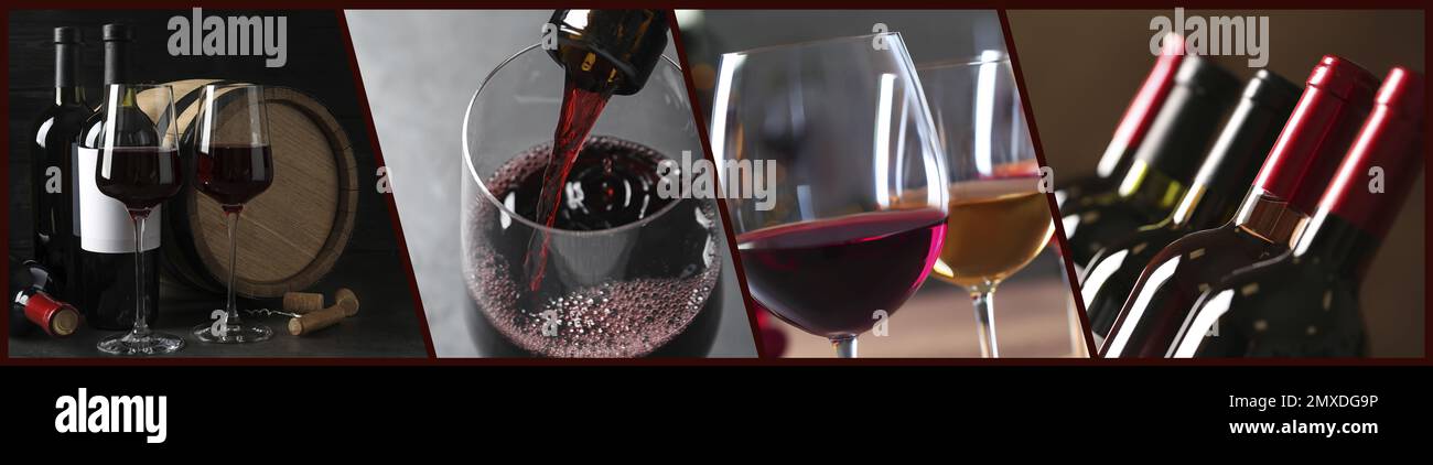 Set with glasses and bottles of red wine. Banner design Stock Photo - Alamy