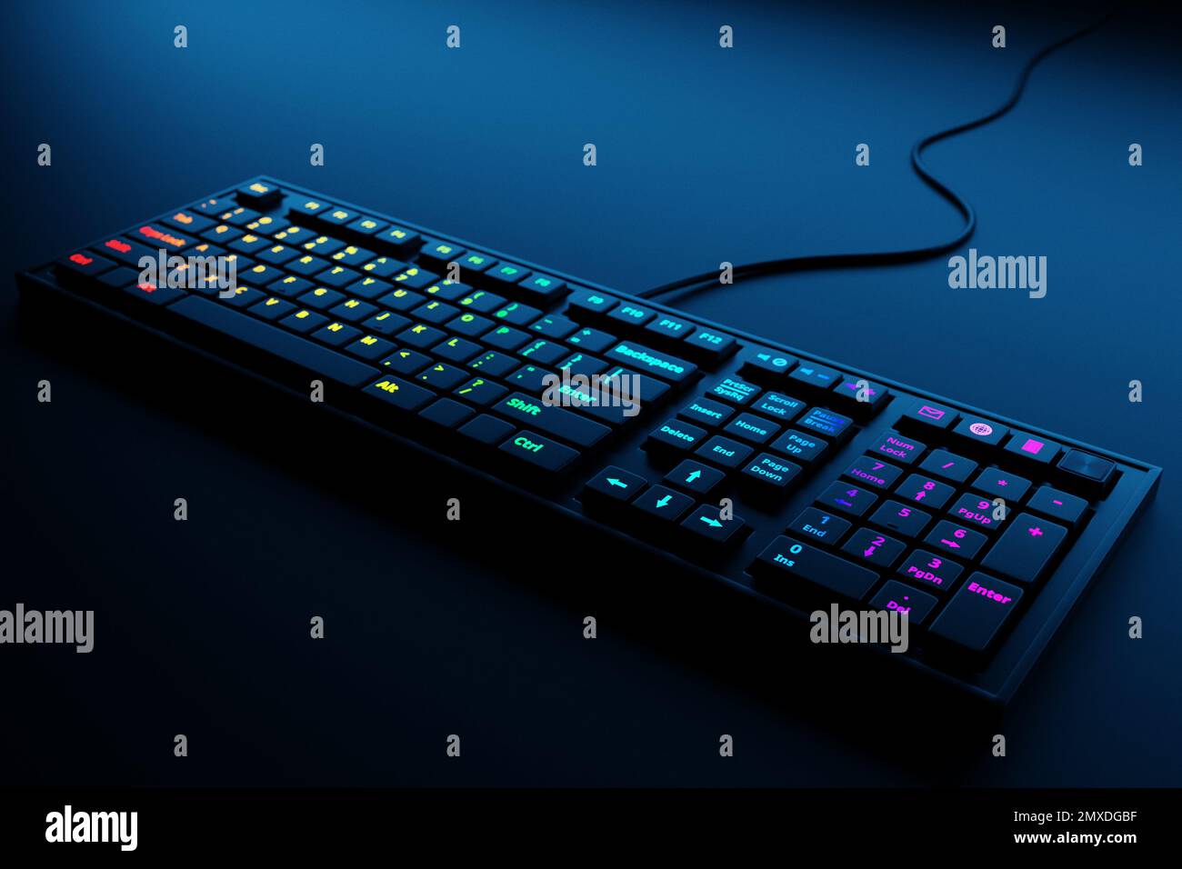 Computer RGB keyboard on black background. 3D rendering of streaming ...
