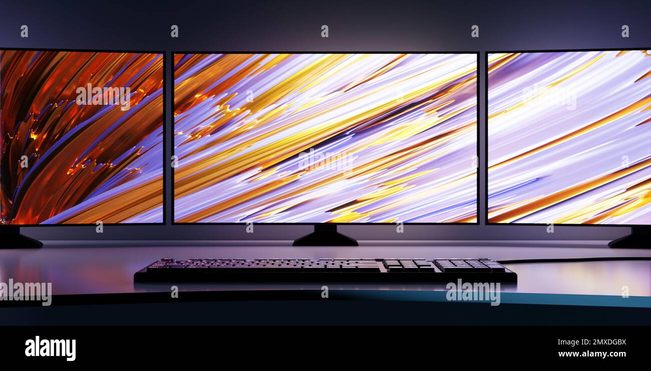 3d illustration, Powerful personal computer gamer with three monitors ...