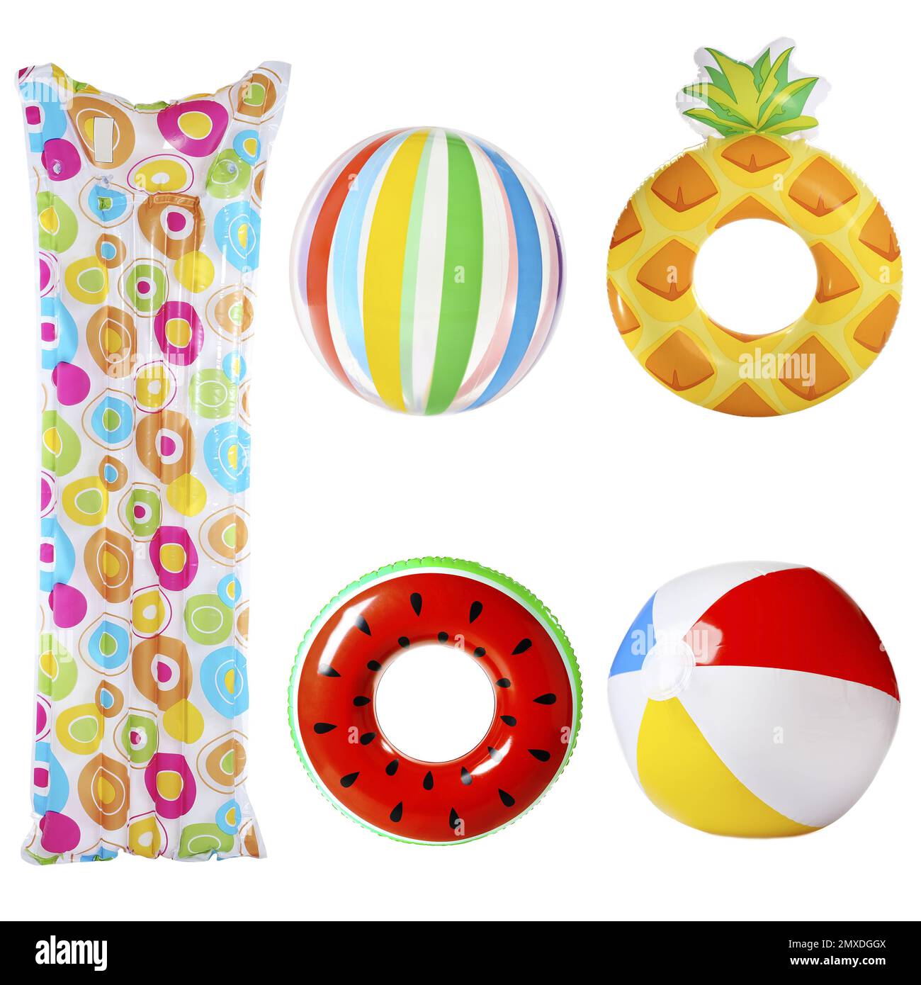 Set of different inflatable beach accessories for swimming on white ...