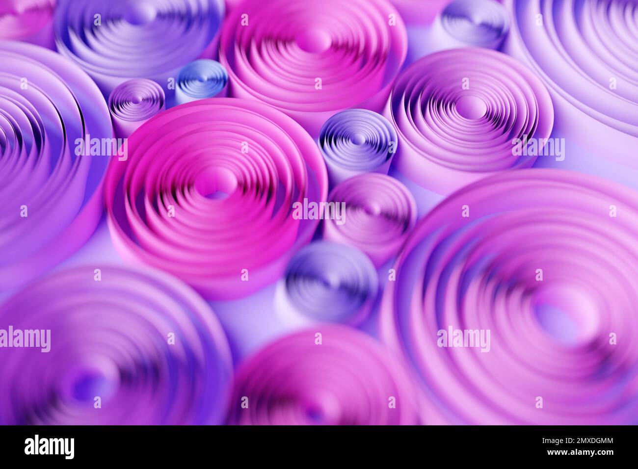 3d illustration of pink and purple circles. Set of shapes on monocrome ...