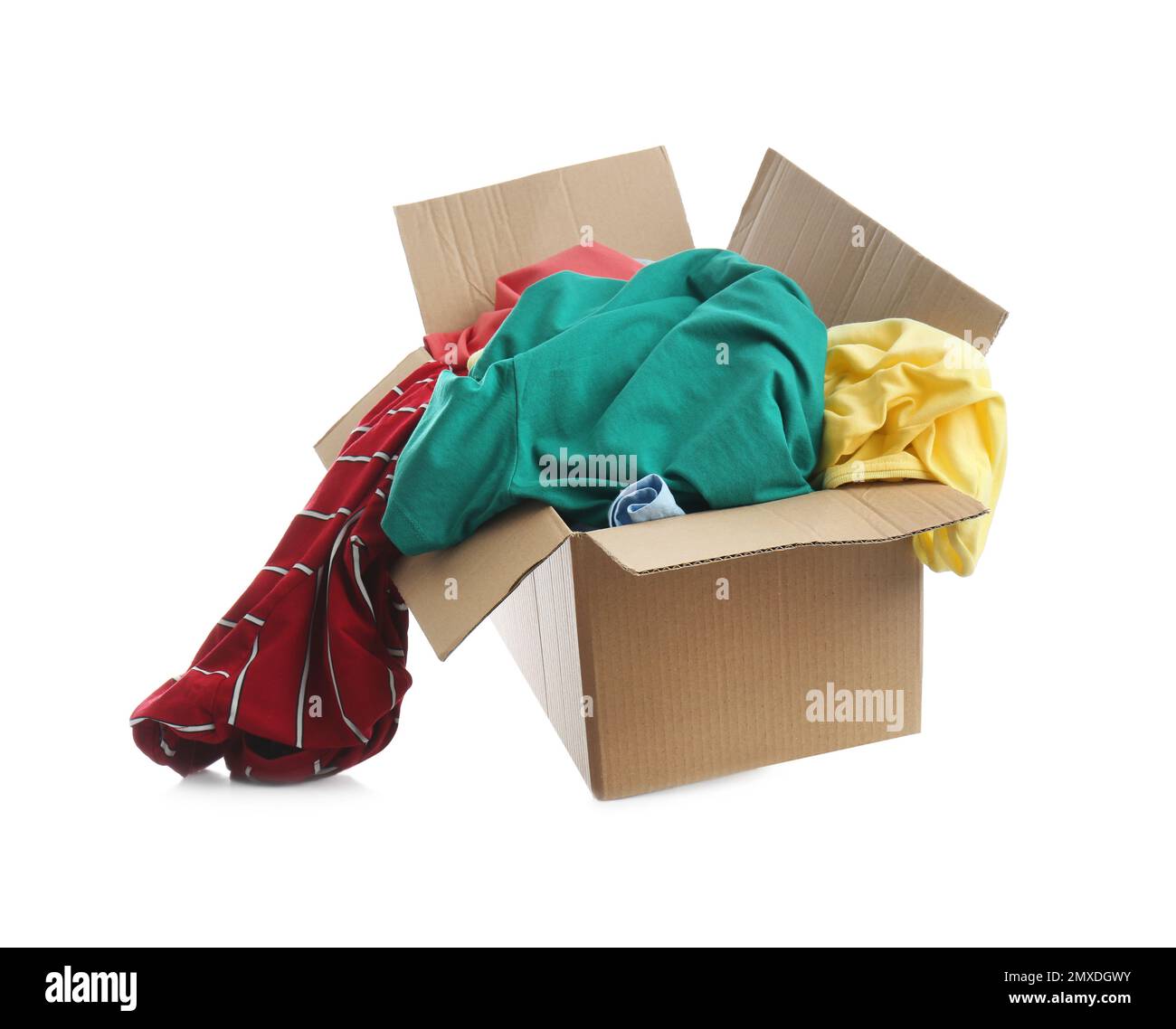 Cardboard box with clothes isolated on white Stock Photo - Alamy