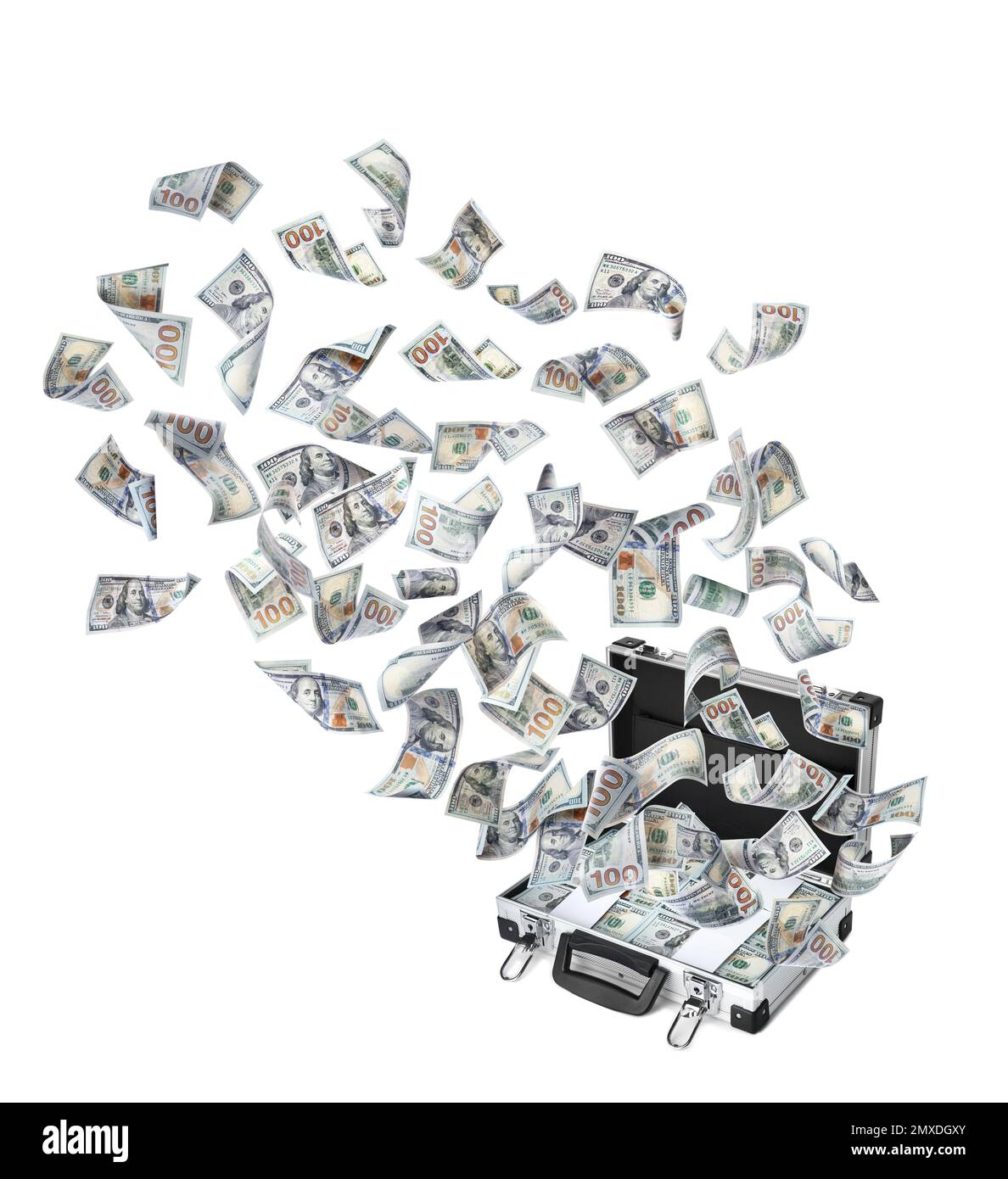 American banknotes flying out suitcase on white background Stock Photo ...