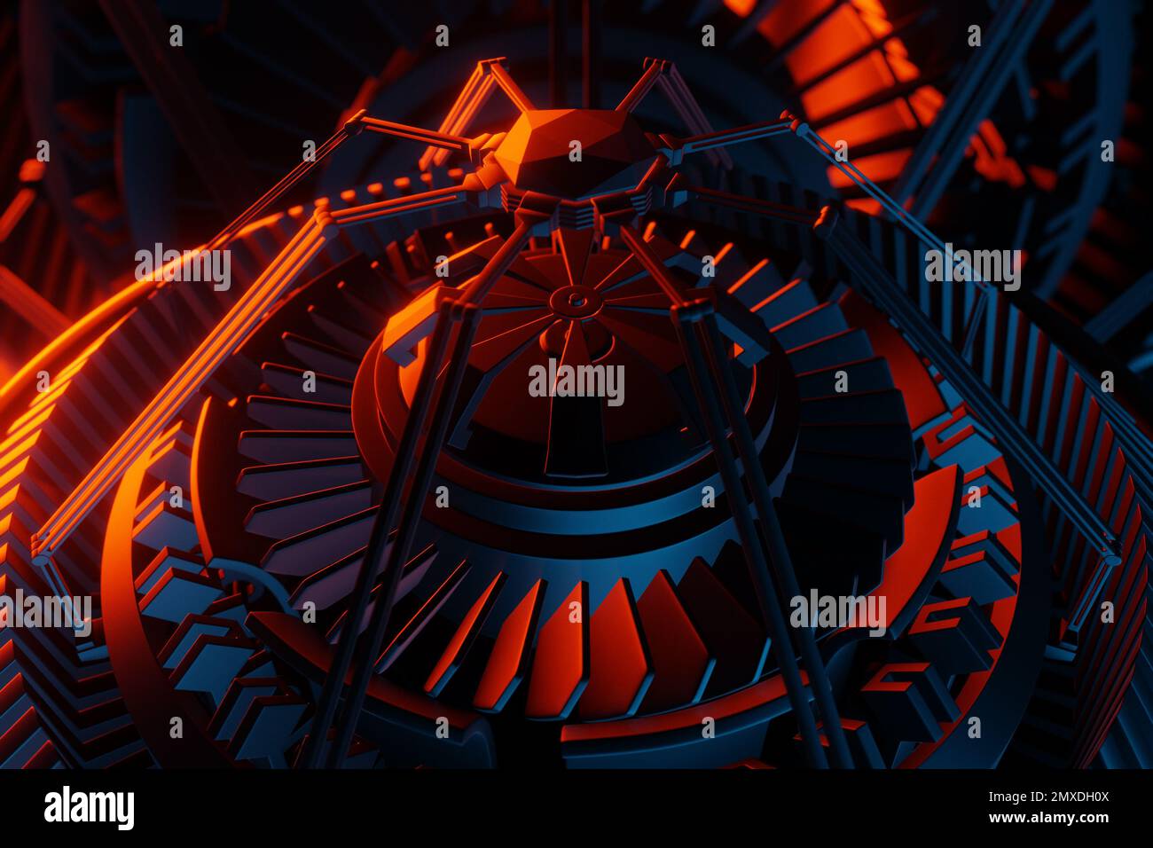 3D rendering future engine rocket turbine technology under red light ...