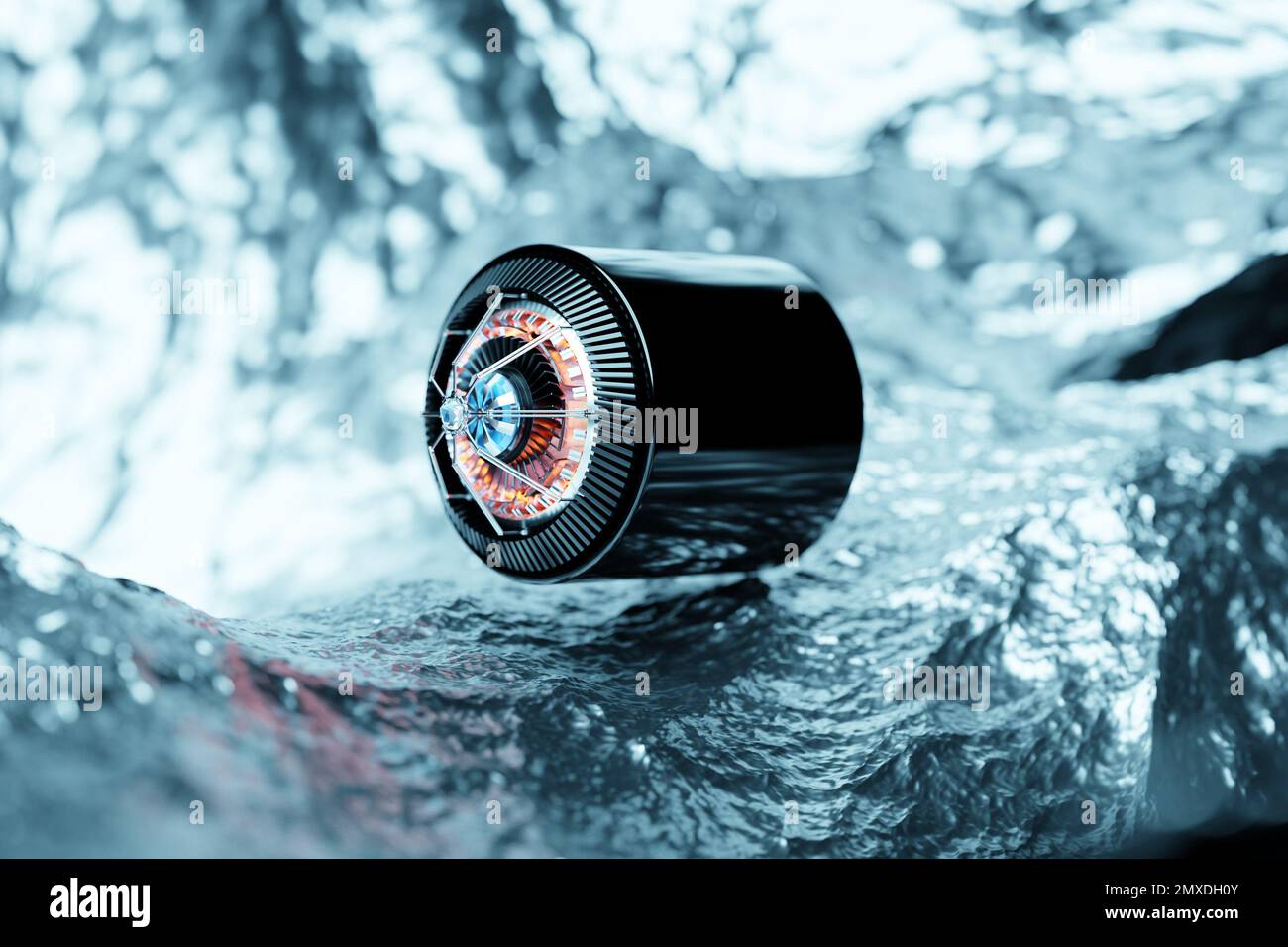 Part of rocket on the turbine on wave background, 3d illustration ...