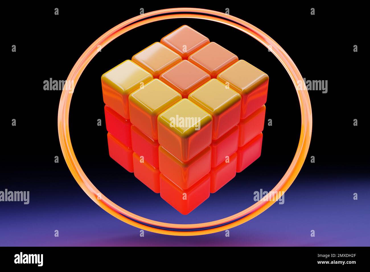 3D illustration of a orange cube on a blue background under a neon ...