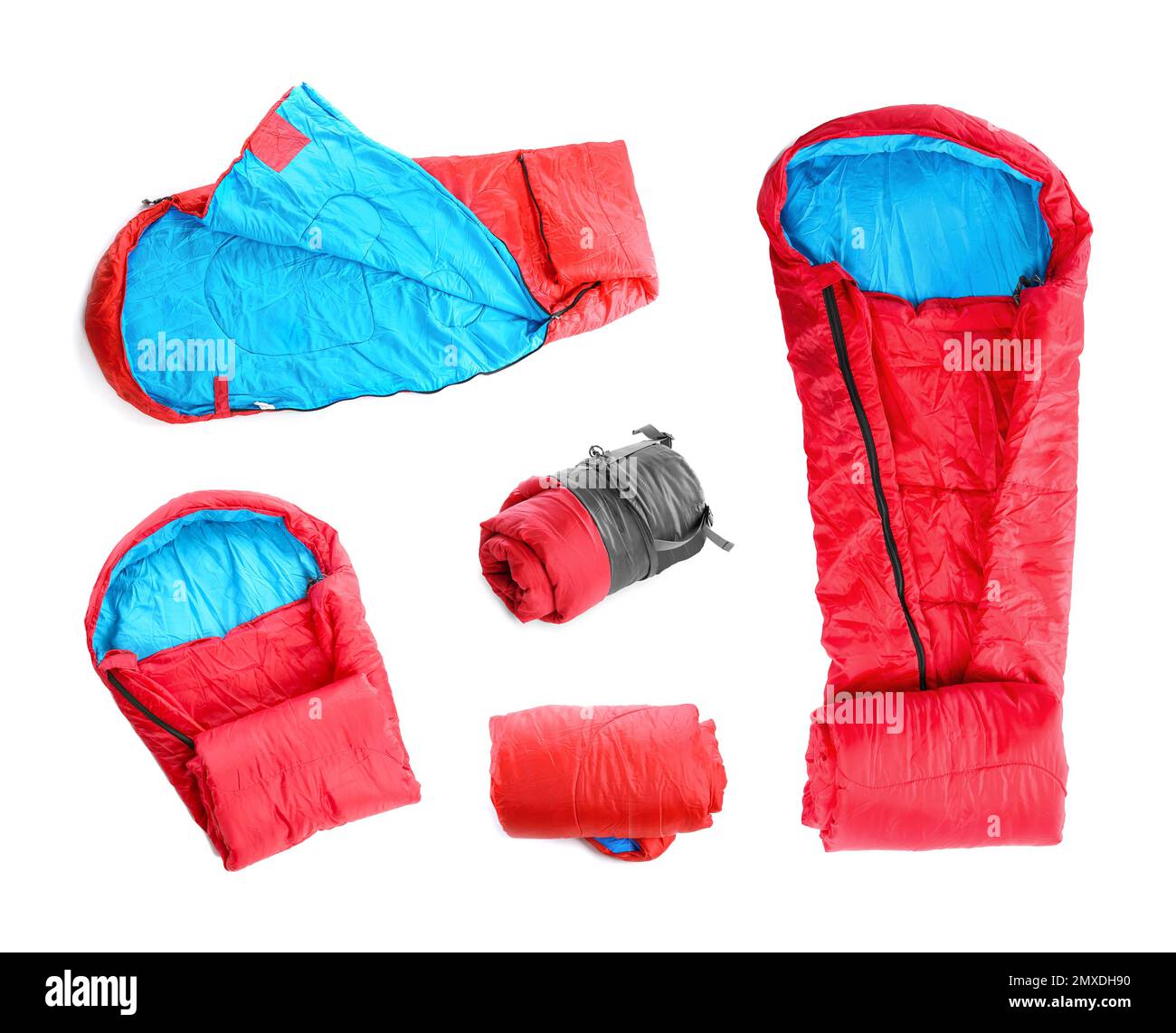 Set of red sleeping bags on white background Stock Photo - Alamy