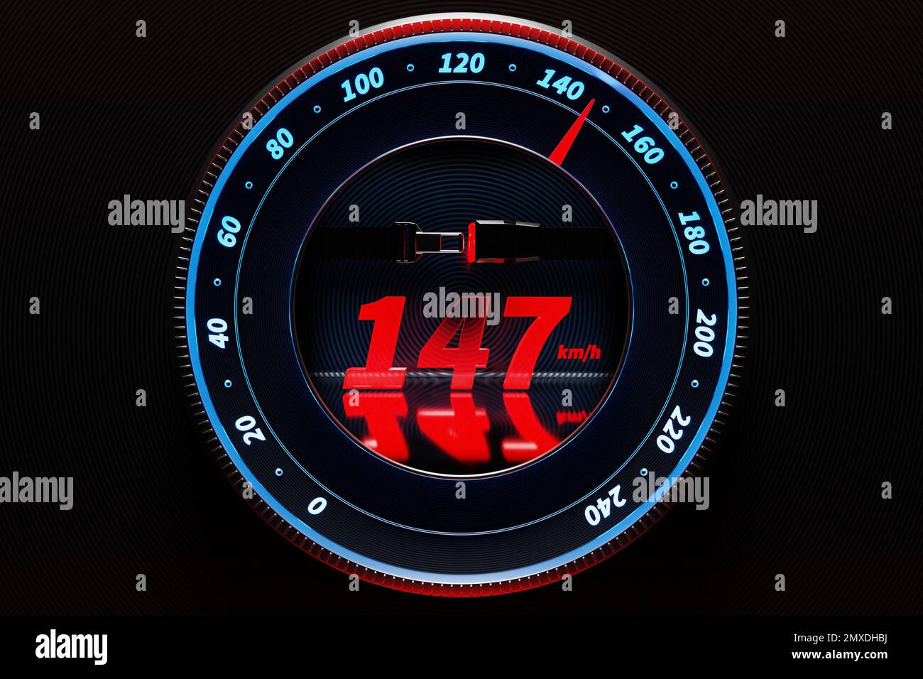 3D illustration close up black car panel, digital bright speedometer ...