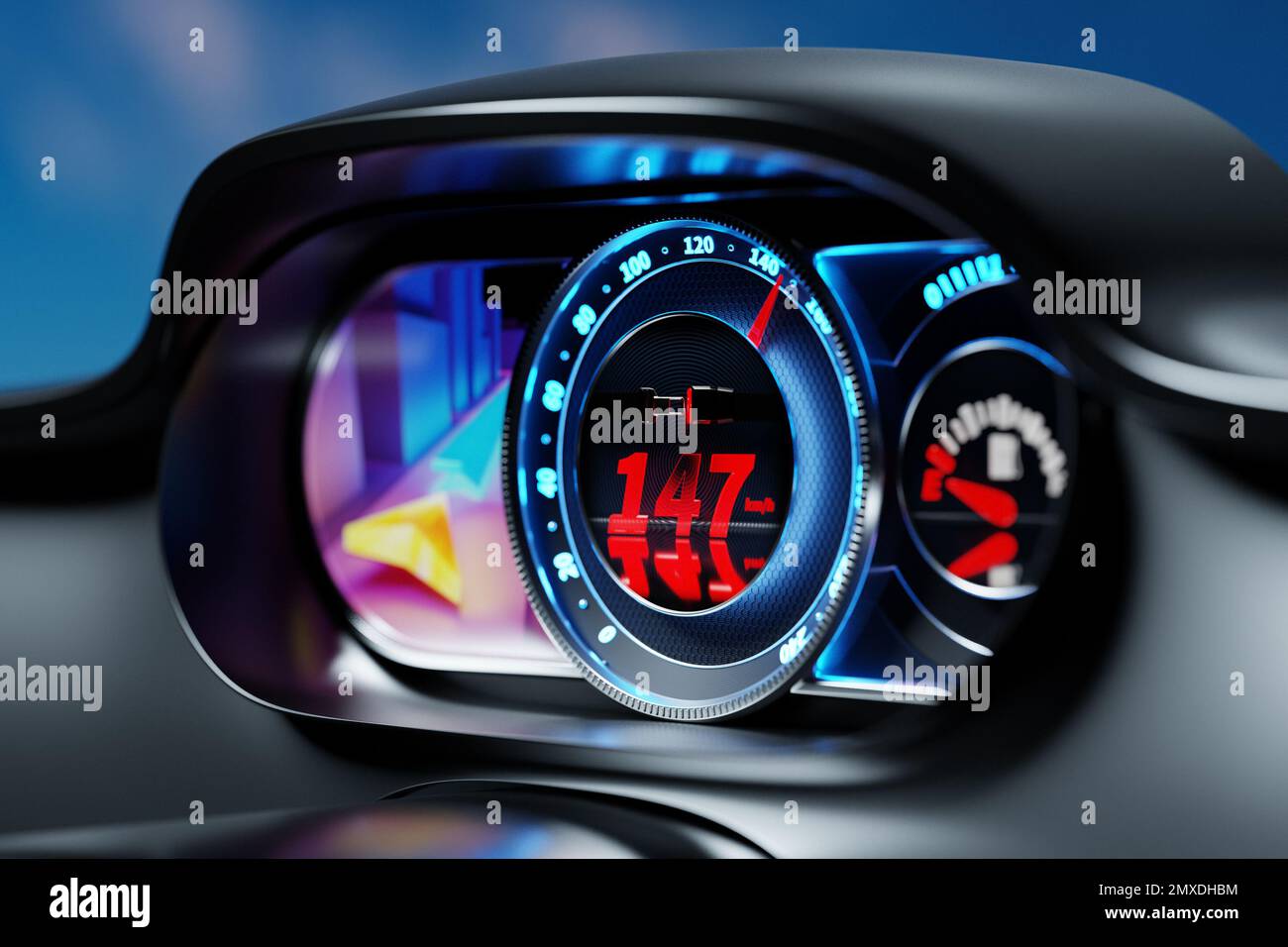 3D illustration of new car interior details. The speedometer shows the maximum speed of 147 km h ...