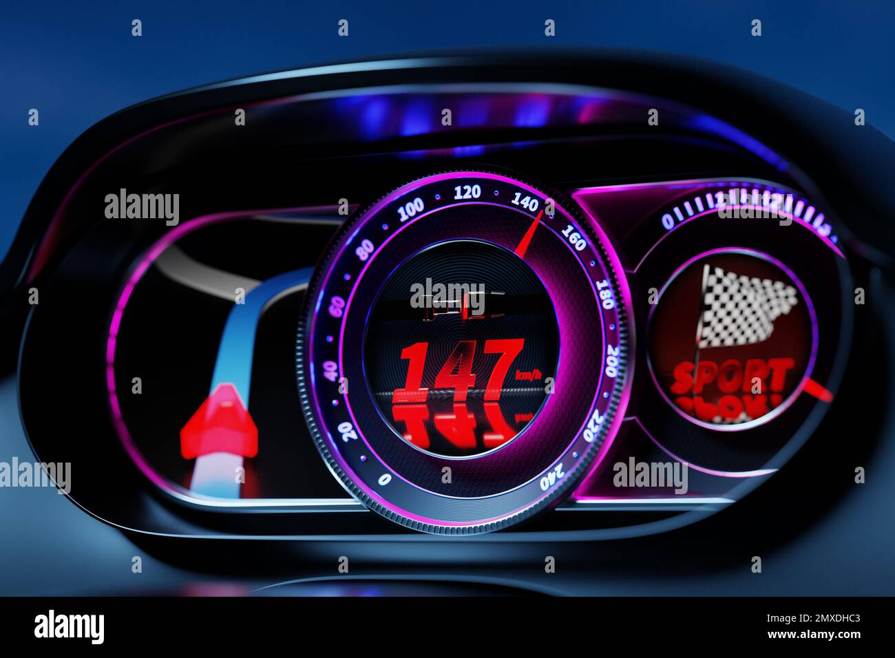 3D illustration of the new car interior details. Speedometer shows a maximum speed of 147 km h ...