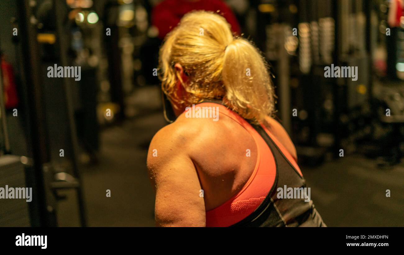 A fit blonde female with toned muscles working out arms at the gym ...