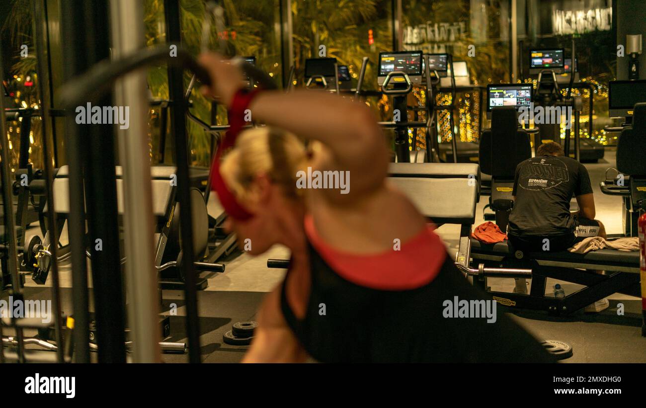 A fit blonde female with toned muscles working out arms at the gym ...