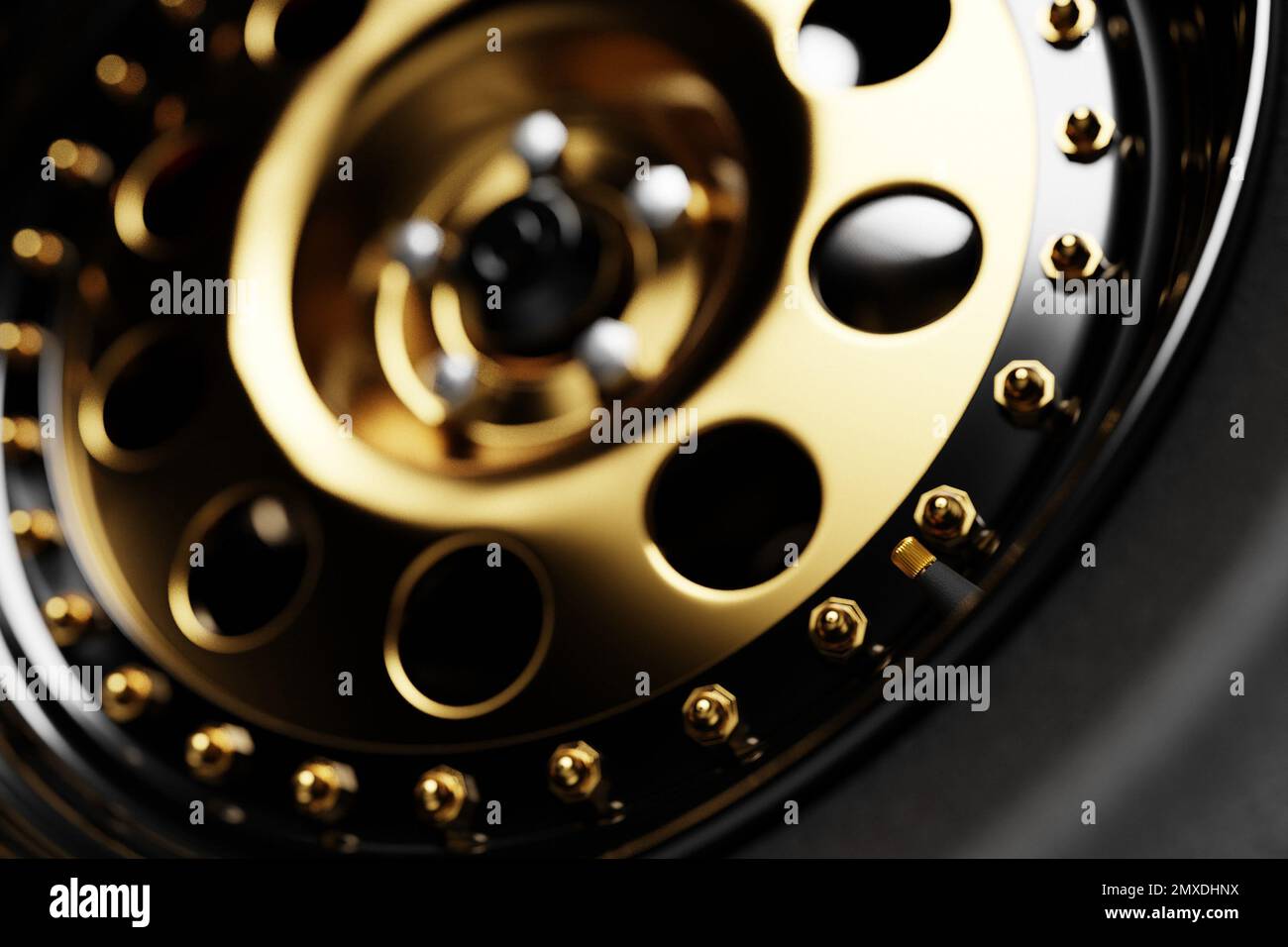 3d illustration close up of realistic wheel with wide tires on black ...
