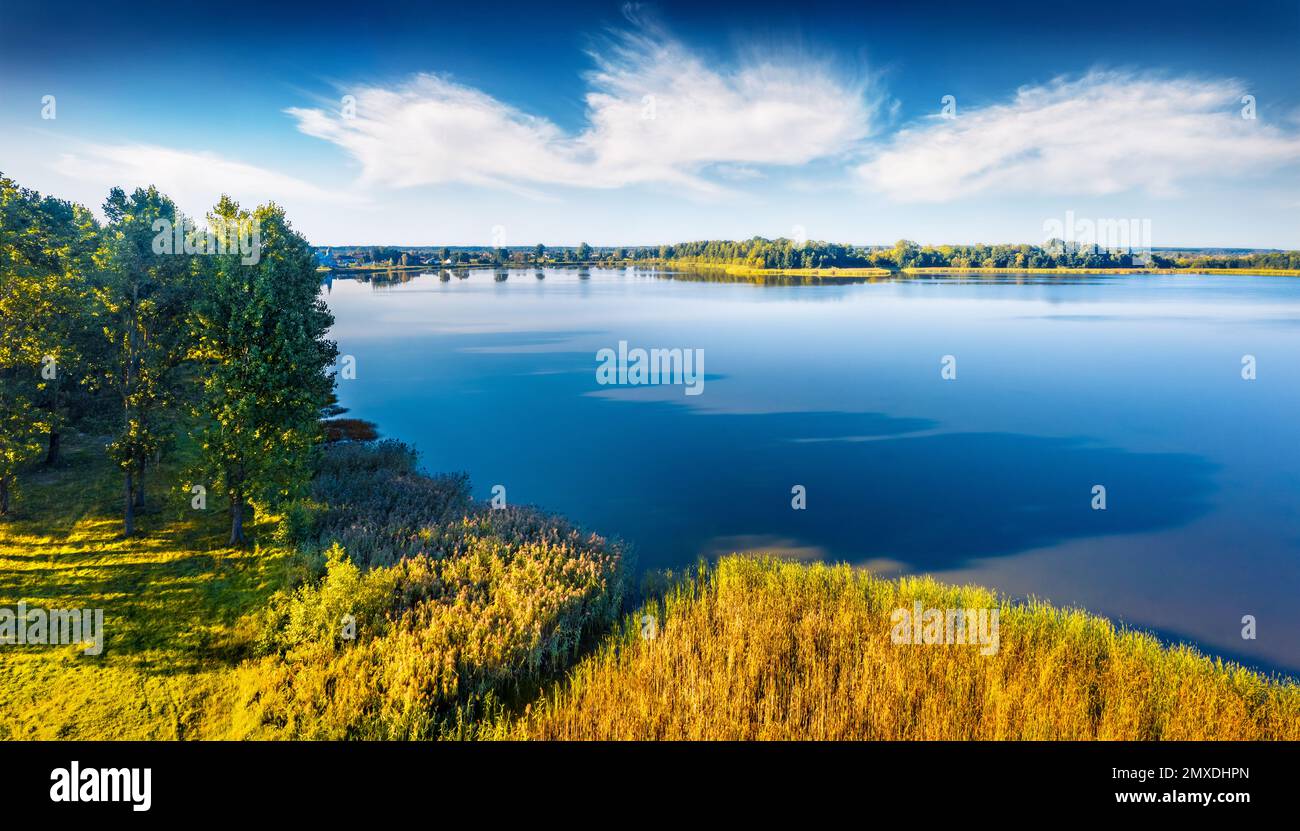 Beautiful summer scenery. Bright morning view of Pishchans'ke lake ...