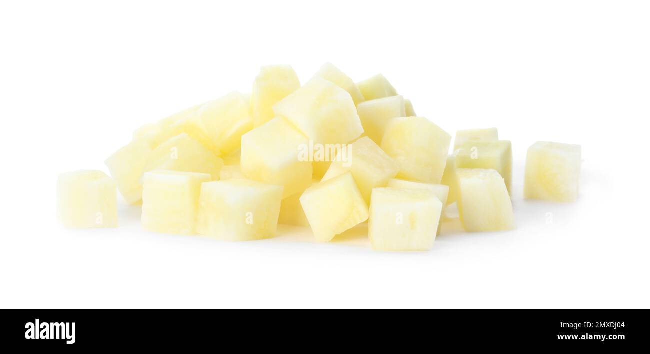 Tasty raw carrot cubes isolated on white Stock Photo - Alamy