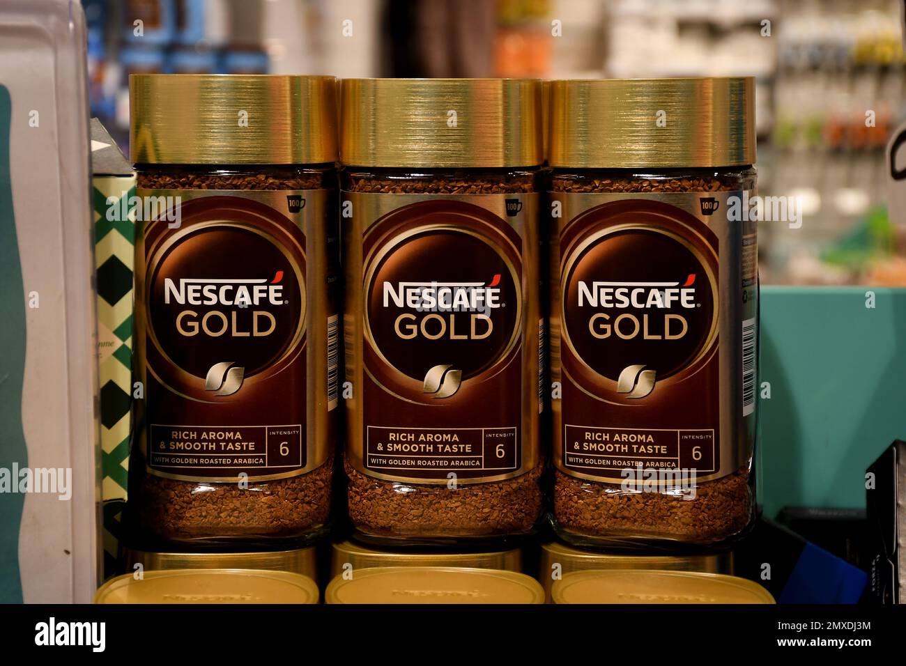 Copenhagen/Denmark/03 February 2023/ Nescafe gold display for sale in ...