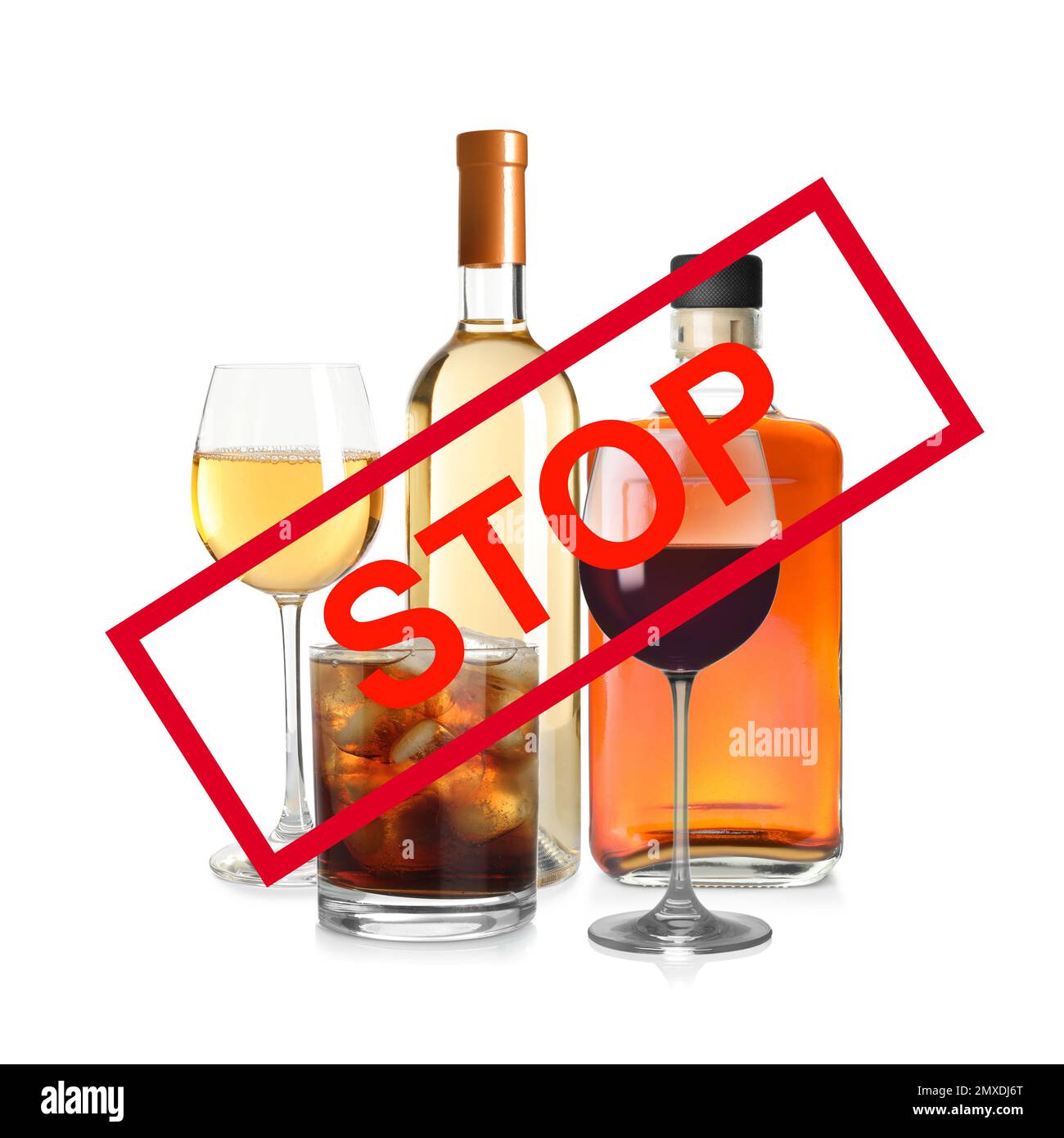 Set of different alcohol drinks and STOP sign on white background Stock ...