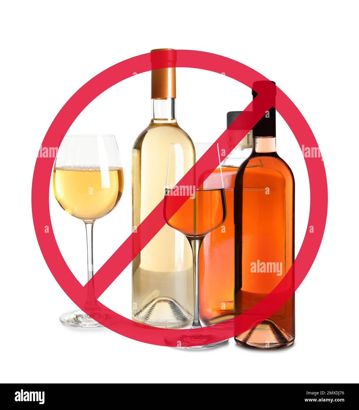 Set of different alcohol drinks and STOP sign on white background Stock ...