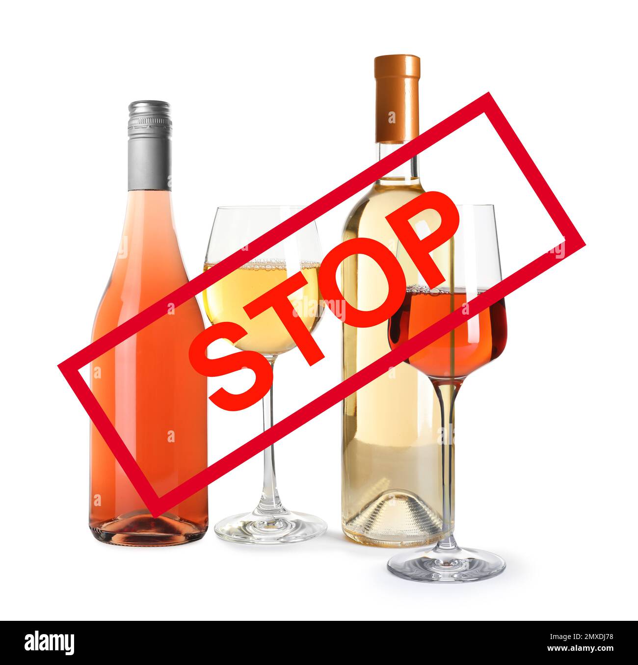 Set of different alcohol drinks and STOP sign on white background Stock ...