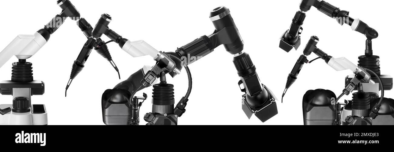 Modern electronic laboratory robot manipulators on white background ...