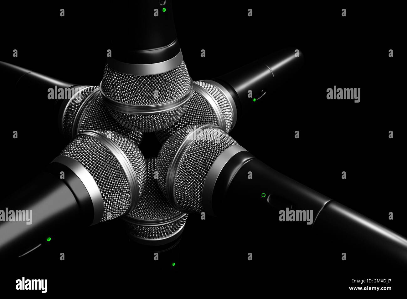 Microphones, round shape model on black background, realistic 3D mockup ...