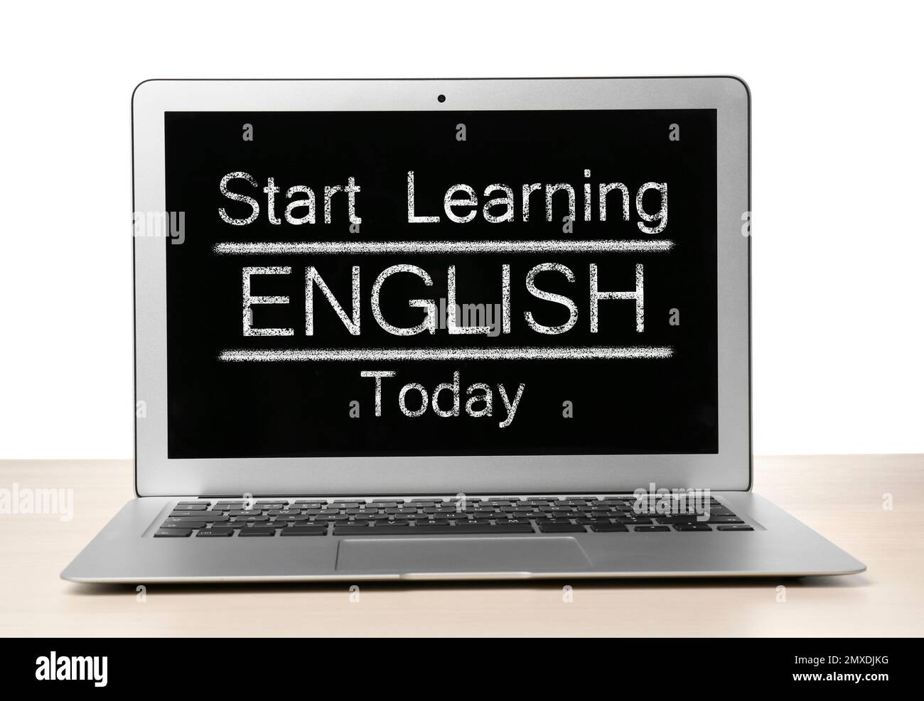 Modern laptop for online English learning on table against white ...