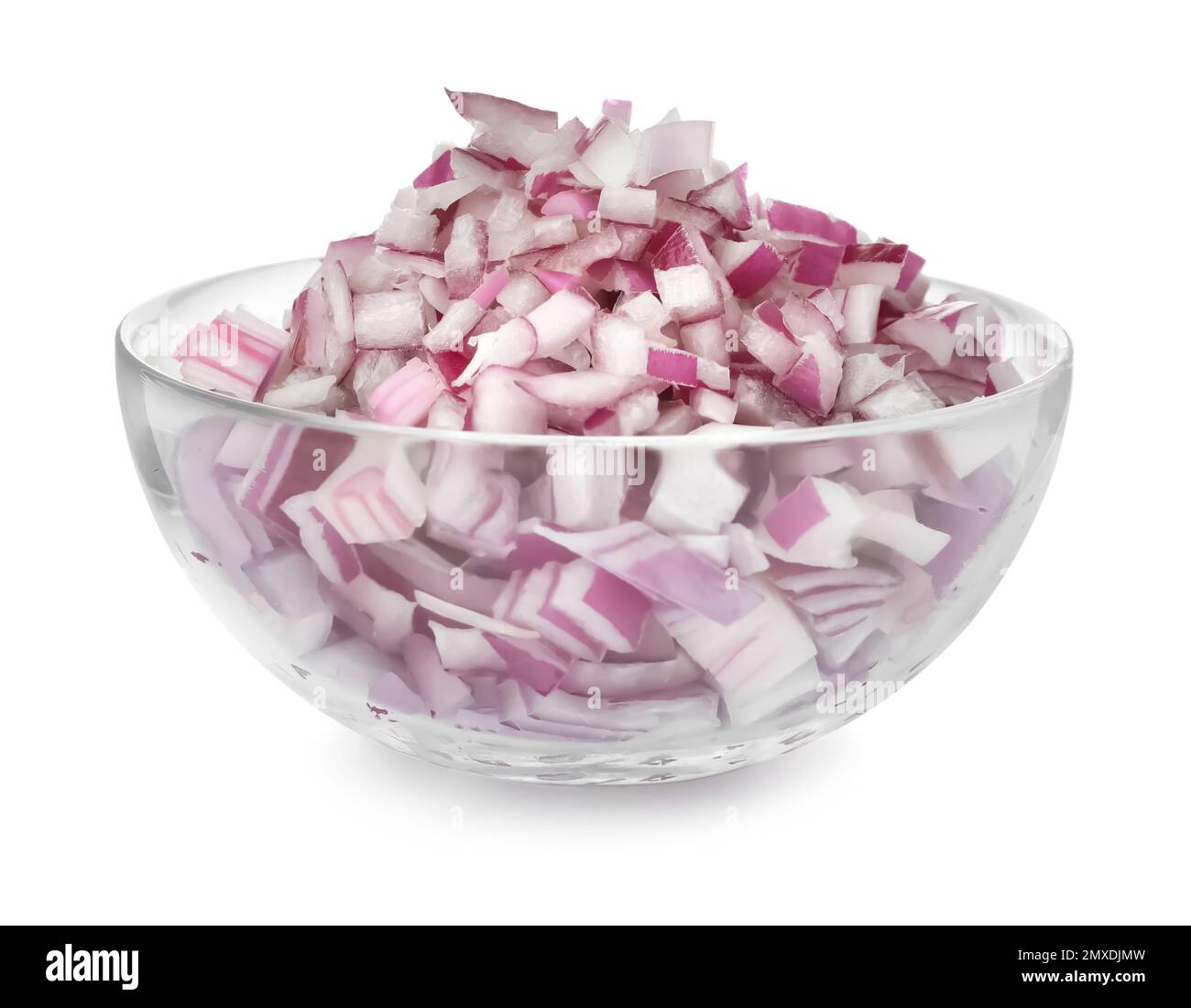 Chopped red onion in glass bowl isolated on white Stock Photo - Alamy
