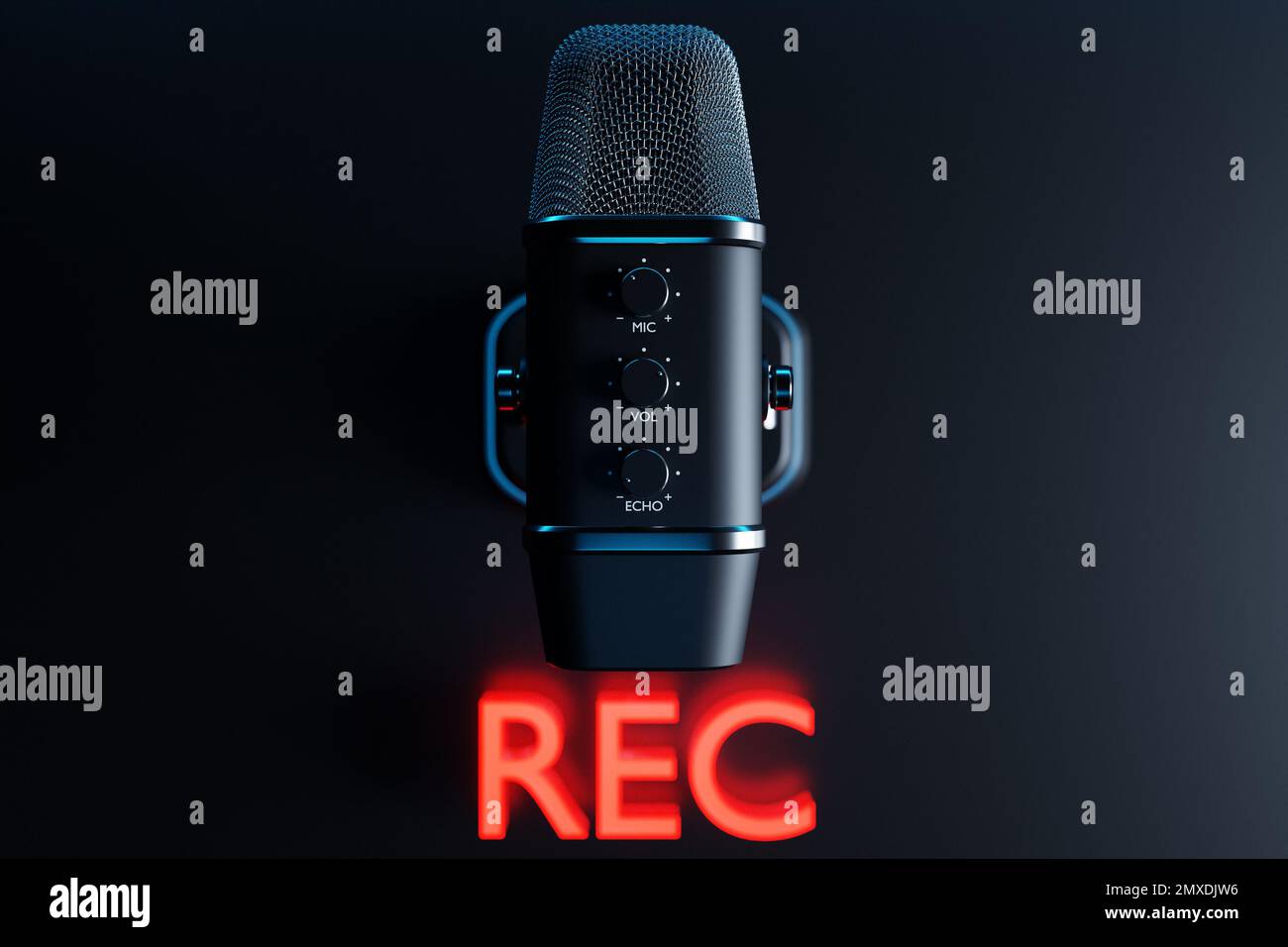 3d illustration, retro pink microphone with neon green signboard REC on ...