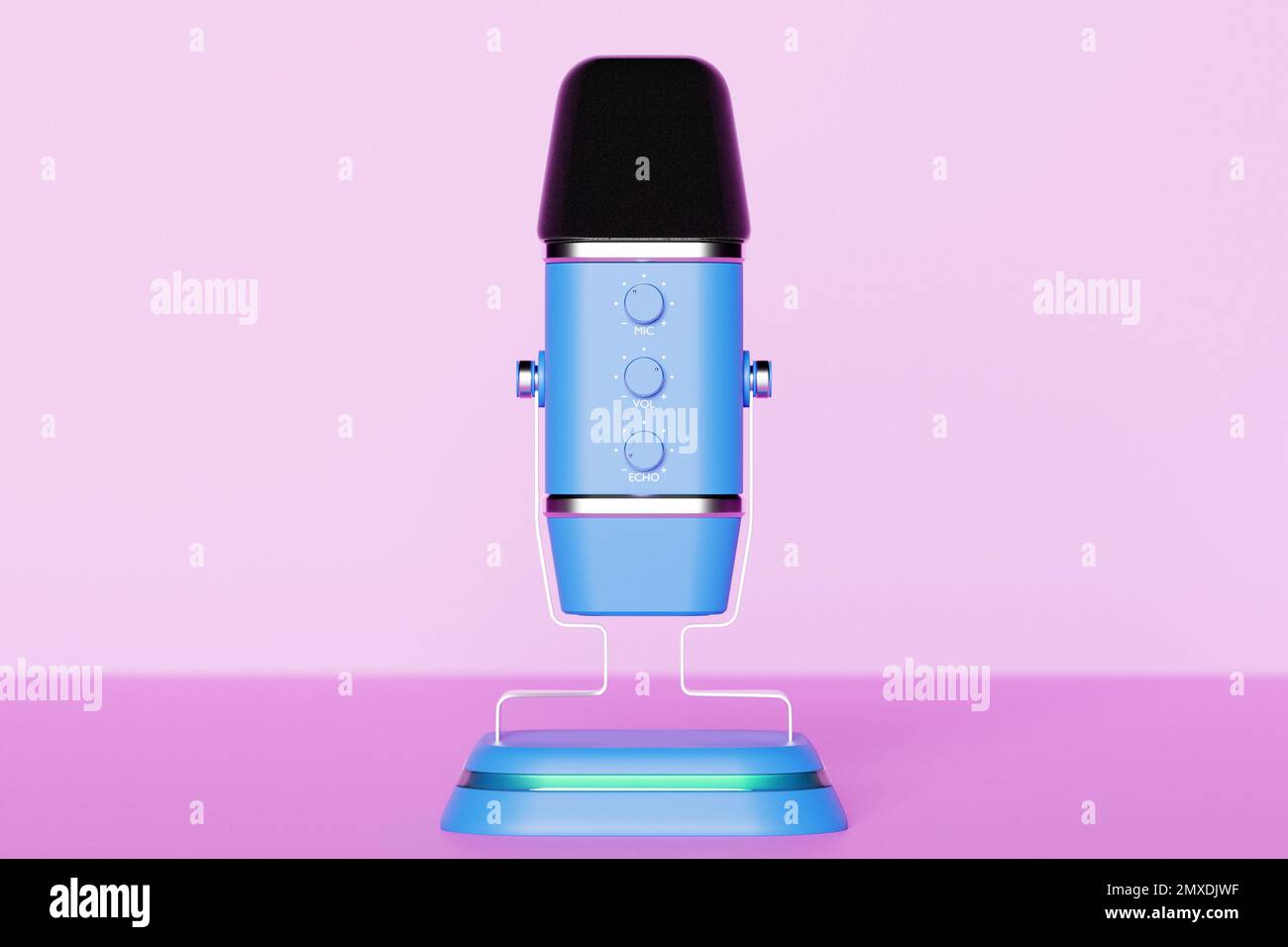 Blue retro microphone isolated on a pastel pink background. minimal ...