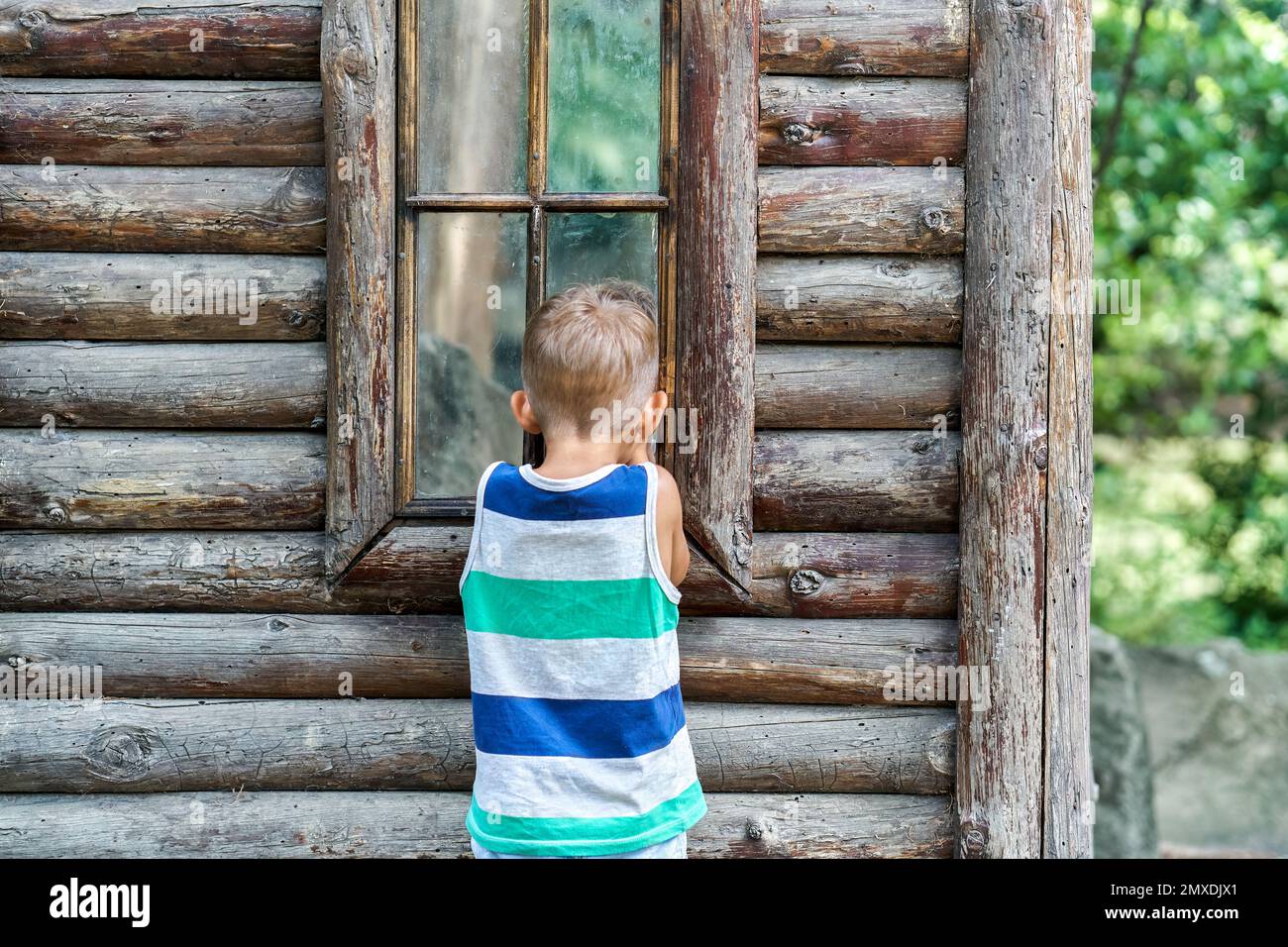Excited preschooler boy looks into window of ancient log house. Curious ...
