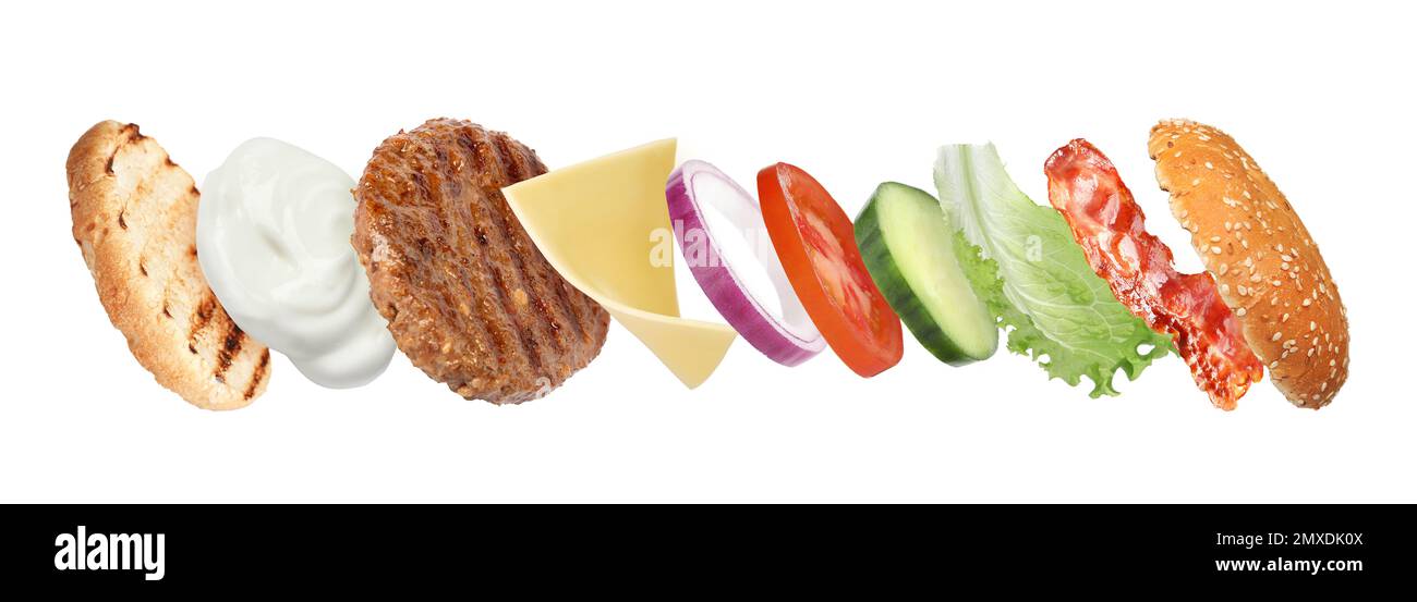 Set of ingredients for delicious burger on white background. Banner ...