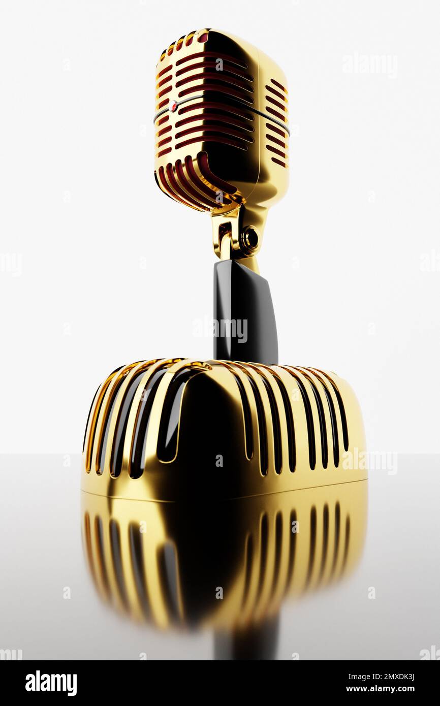Golden microphone, model on white background, realistic 3d illustration ...