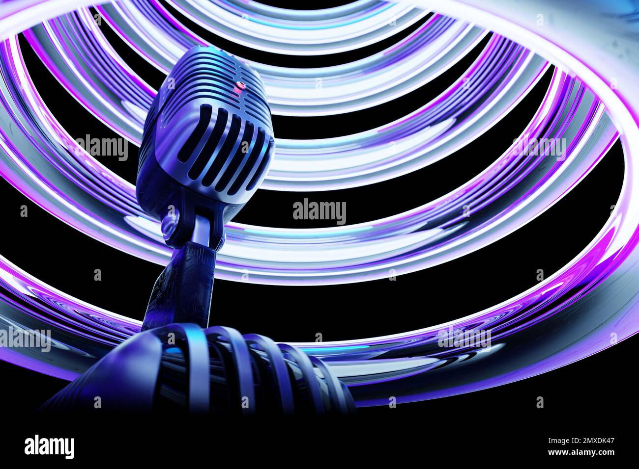 microphone model on neon background, realistic 3d illustration. music ...