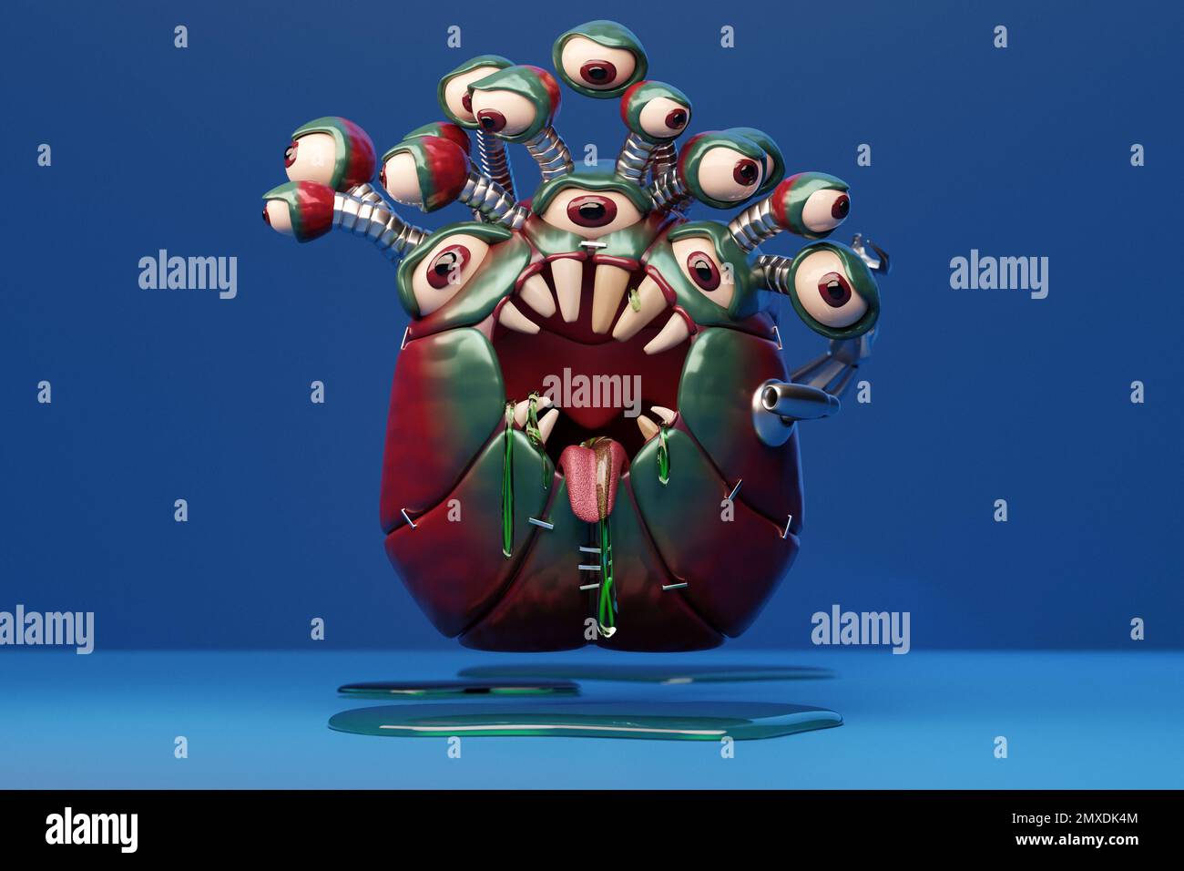 A creepy monster with a huge number of eyes and fangs, saliva flows, on ...