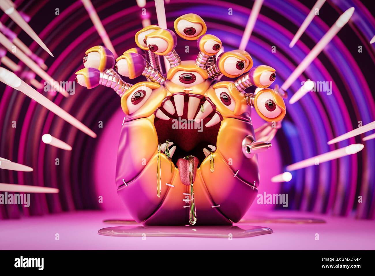 A creepy monster with a huge number of eyes and fangs quickly creeps ...