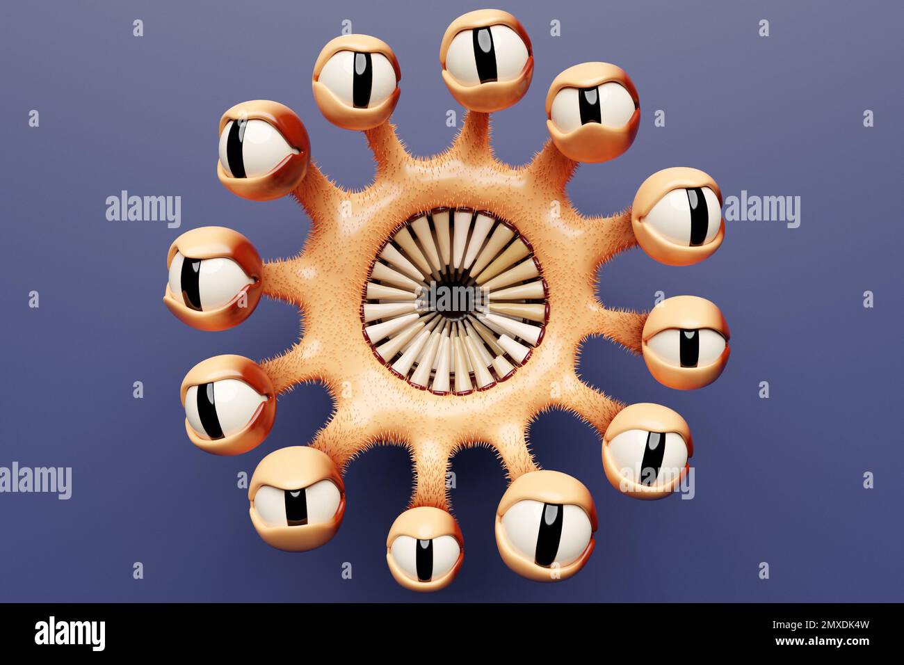 A creepy monster with a huge number of eyes and fangs, saliva flows, on ...