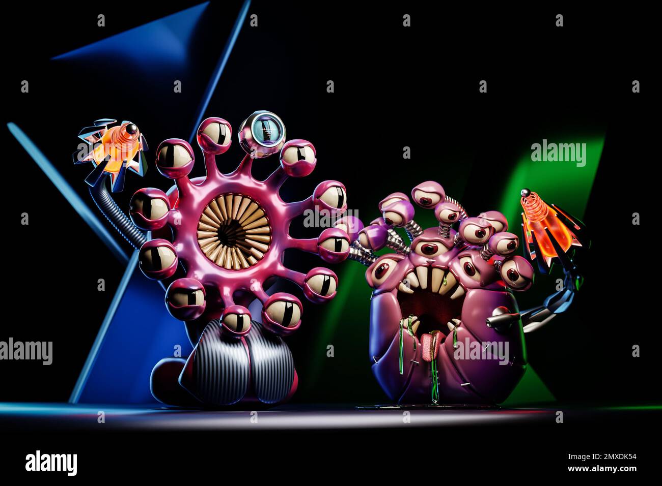 Evil pink cartoon monsters with a huge number of eyes, sight eyes ...