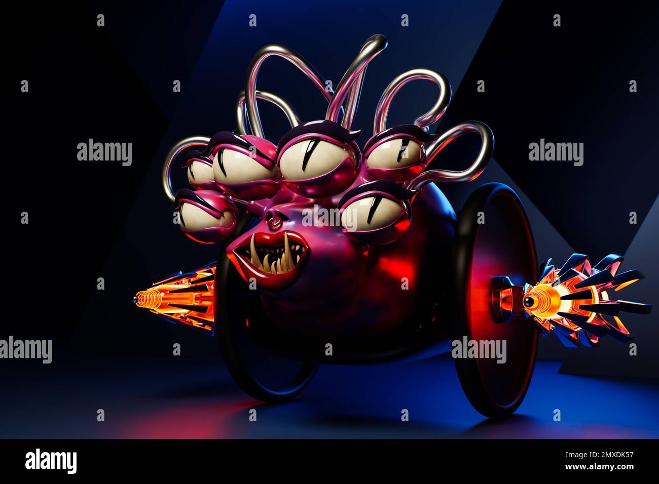 Angry pink cartoon monster with a huge number of eyes, a dangerous ...